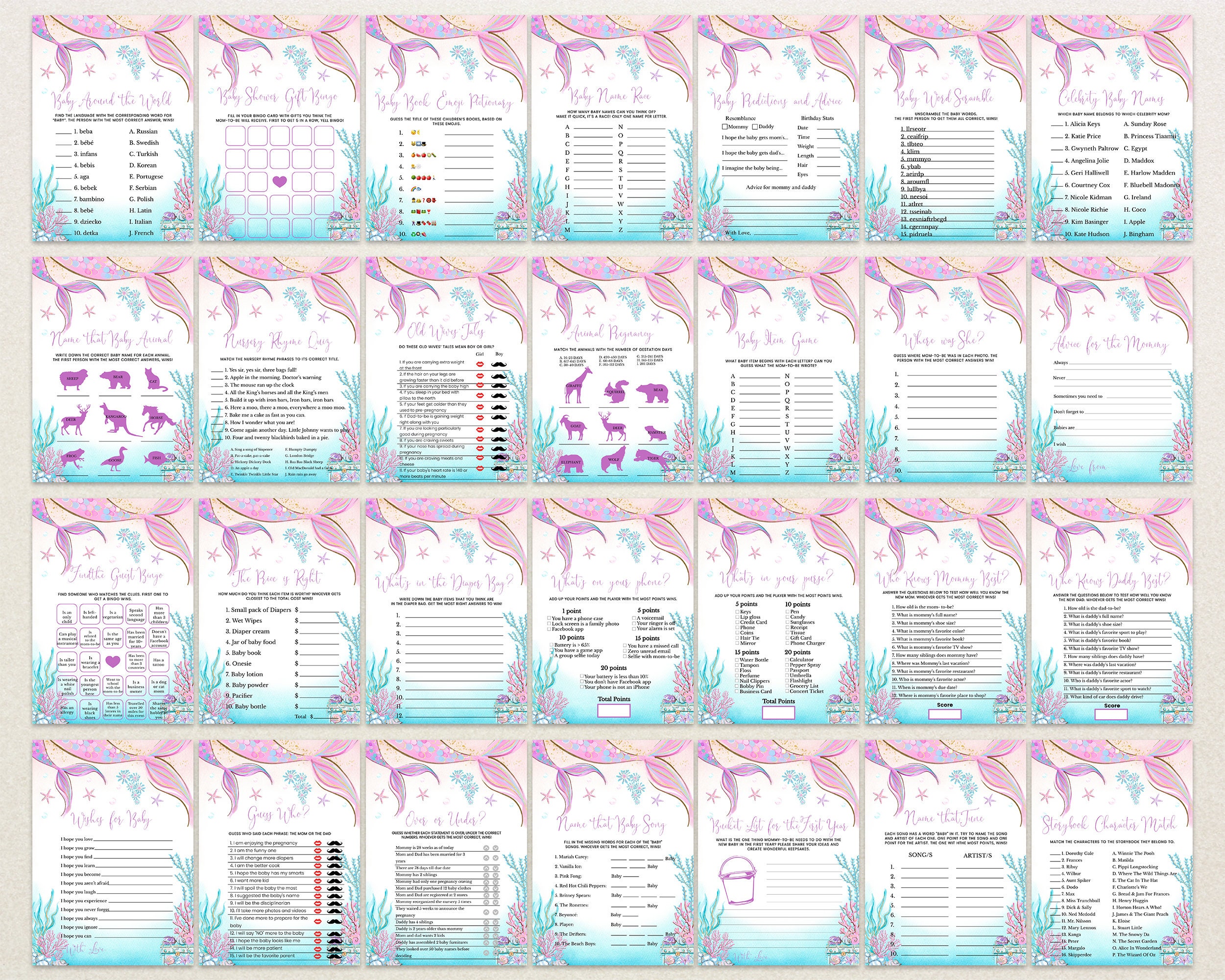 Editable Mermaid Baby Shower Game Bundle, Under the Sea Baby Shower ...