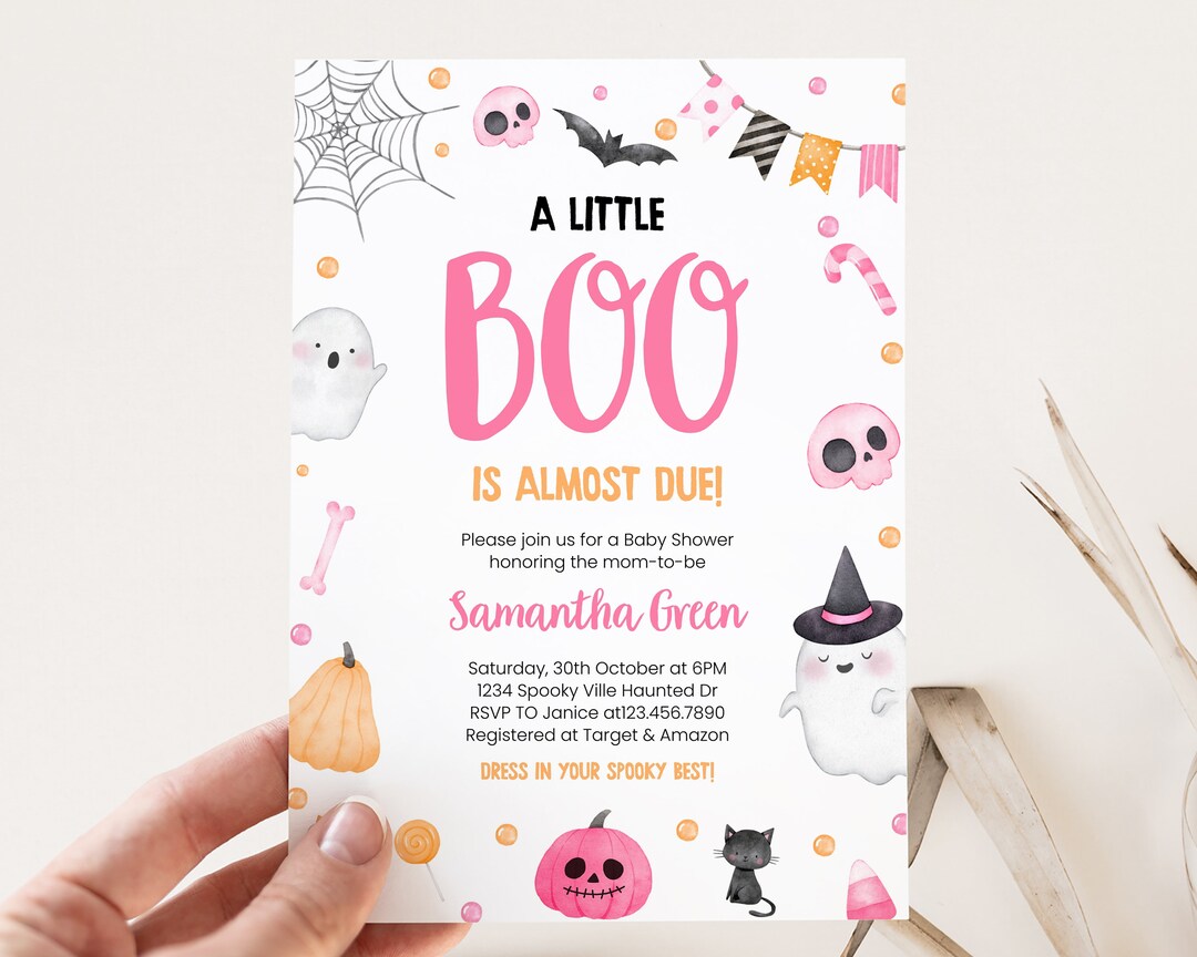 Editable Pink A Little Boo Baby Shower Invitation, Girl Halloween Baby ...