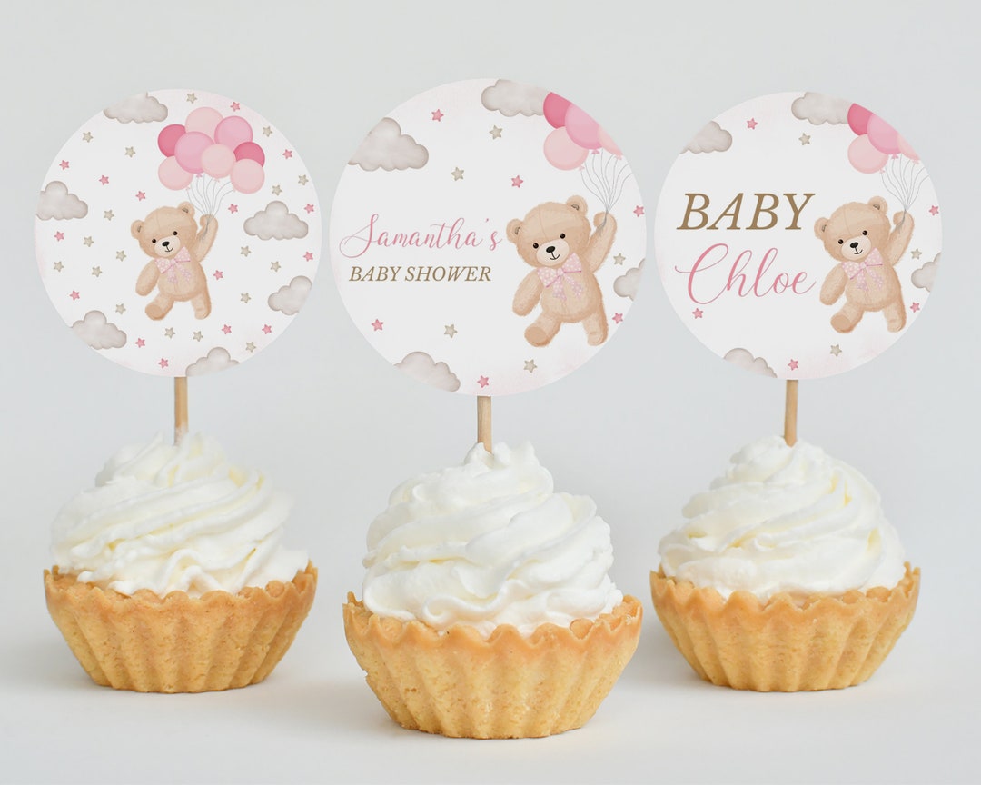 Editable Girl Brown Bear Balloon Baby Shower Cupcake Topper, We Can ...