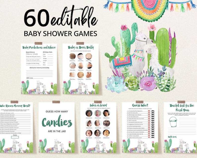 Editable Llama Baby Shower Game Bundle, Cactus Llama Baby Shower Game ...