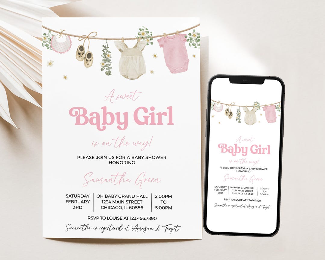 Editable Boho It's a Girl Baby Clothes Baby Shower Invitation, Pink ...