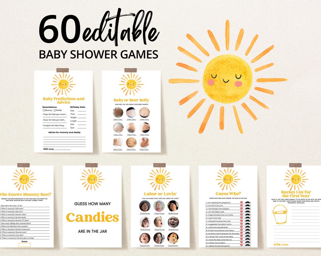 Editable Sunshine Baby Shower Game Bundle, Here Comes the Son Baby ...