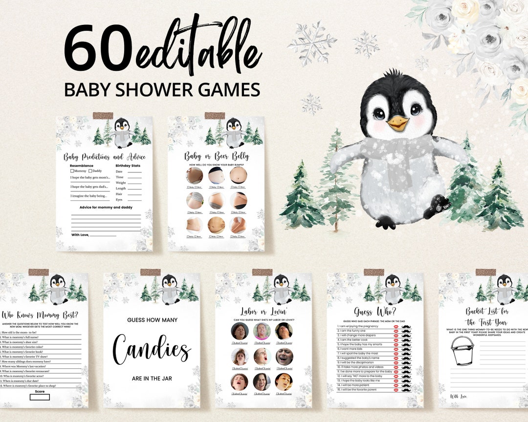Editable Silver Penguin Baby Shower Game Bundle, Gender Neutral Penguin ...