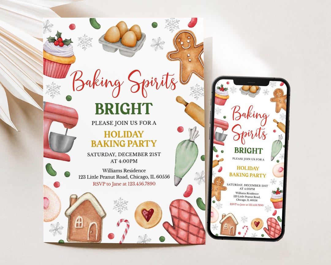Editable Baking Spirits Bright Christmas Party Invitation, Cookie ...