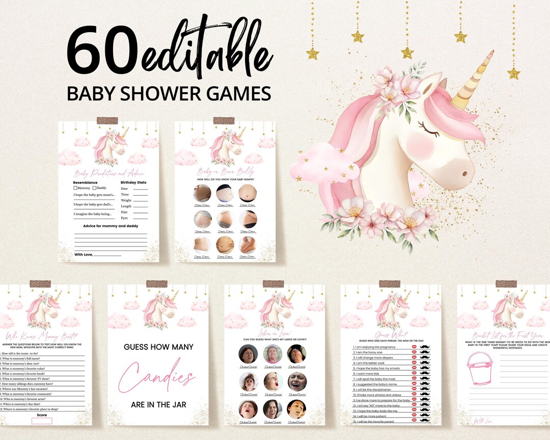 Editable Unicorn Baby Shower Game Bundle, Floral Unicorn Baby Shower ...