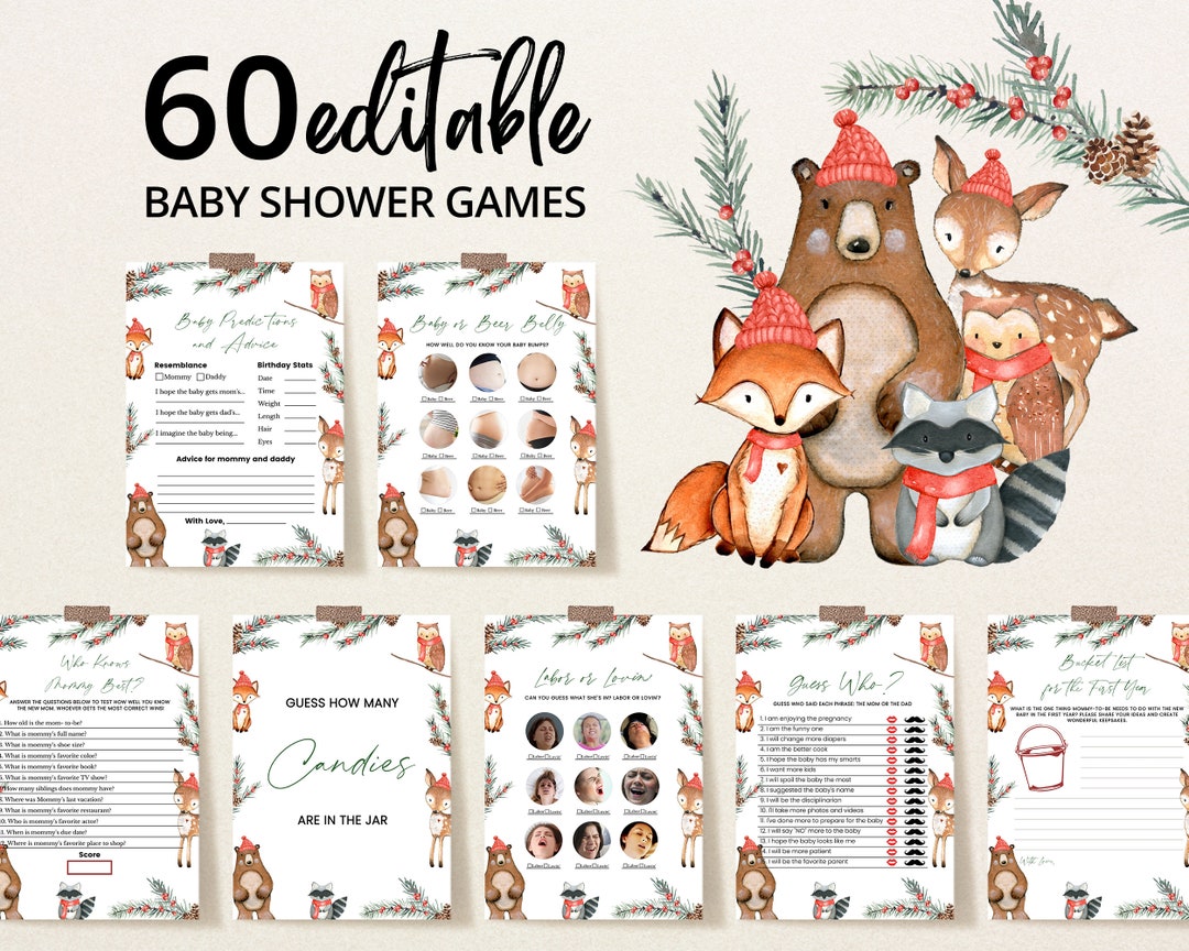 Editable Winter Woodland Baby Shower Game Bundle, Christmas Woodland ...