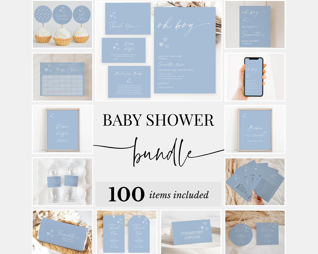 Editable Blue Minimalist Oh Boy Baby Shower Bundle, Oh Boy Baby Shower ...