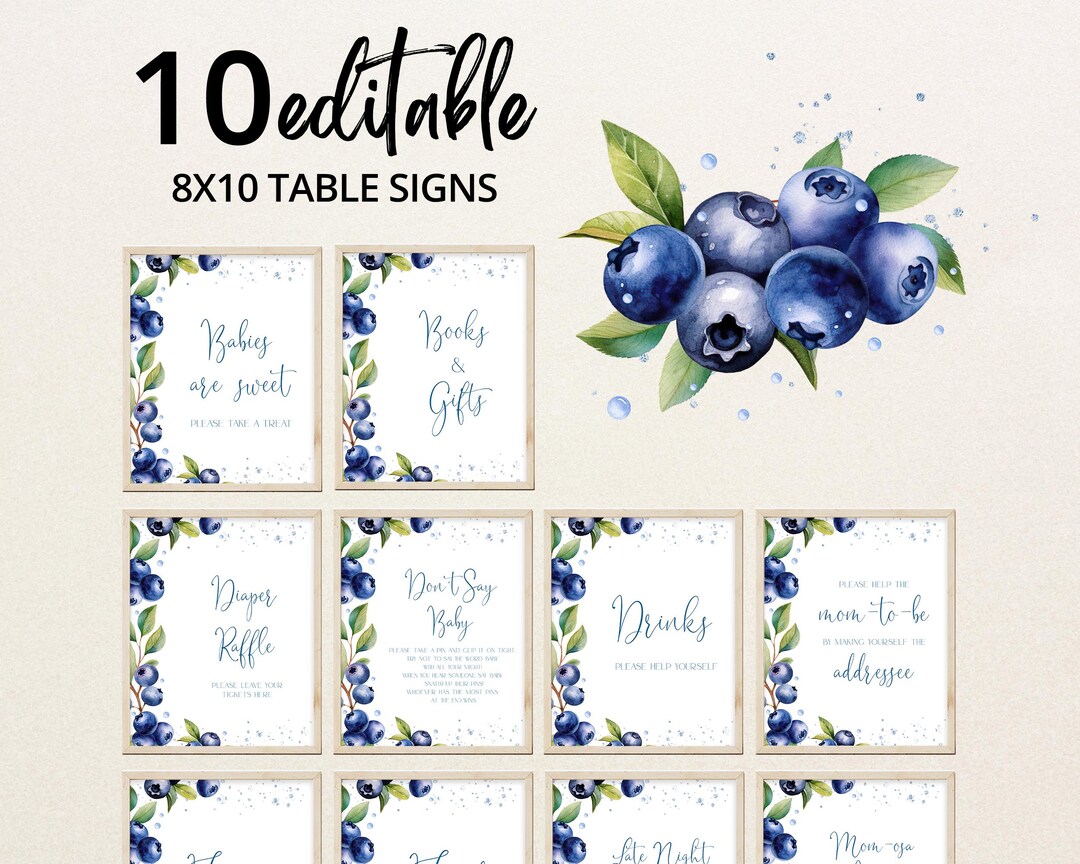 Editable Sign Blueberry Baby Shower Table Sign, Berry Sweet Blueberry ...
