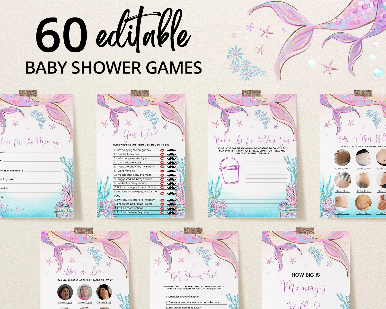 Editable Mermaid Baby Shower Game Bundle Under the Sea Baby - Etsy ...