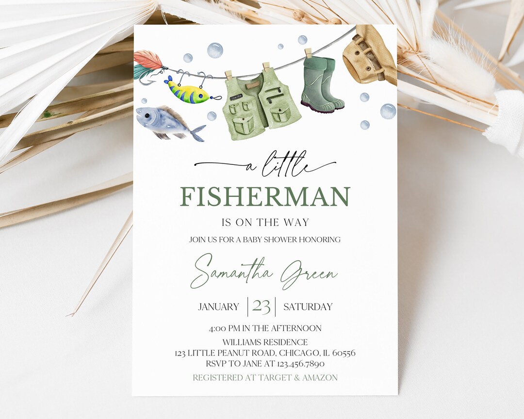 Editable A Little Fisherman Baby Shower Invitation, Boy Fishing Baby ...
