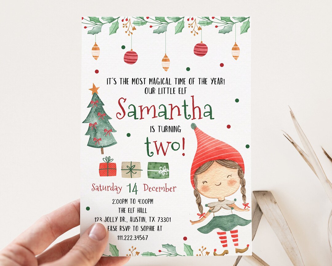 Editable Girl Santa Elf Birthday Invitation, Girl Christmas Elf ...