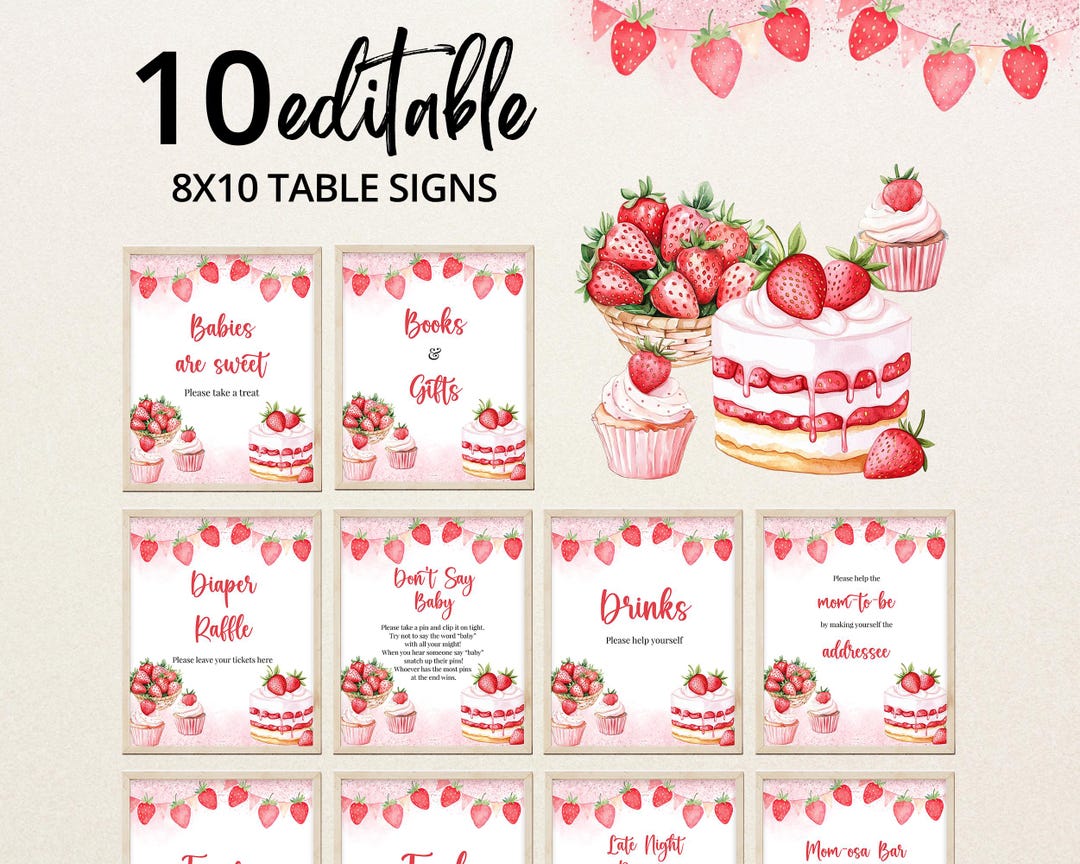 Editable Someone Berry Sweet Baby Shower Table Sign, Strawberry Babies ...