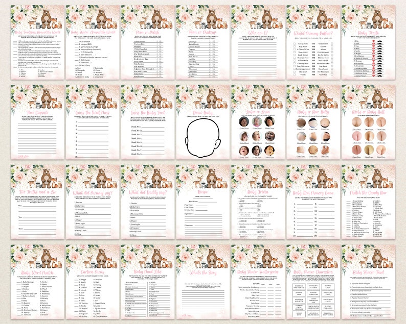 Editable Woodland Baby Shower Game Bundle Girl Woodland Baby - Etsy