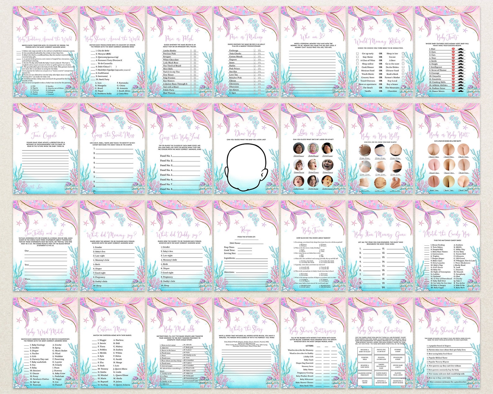 Editable Mermaid Baby Shower Game Bundle, Under the Sea Baby Shower ...