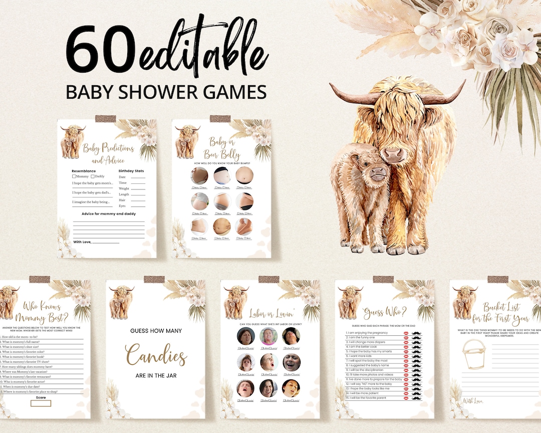 Editable Holy Cow Baby Shower Game Bundle, Gender Neutral Highland Cow ...