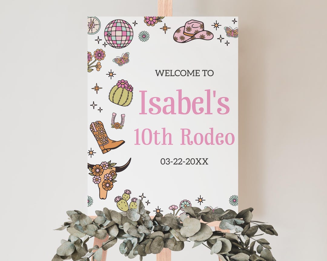 Editable Saddle up Pink Rodeo Girl Birthday Welcome Sign, A Little ...