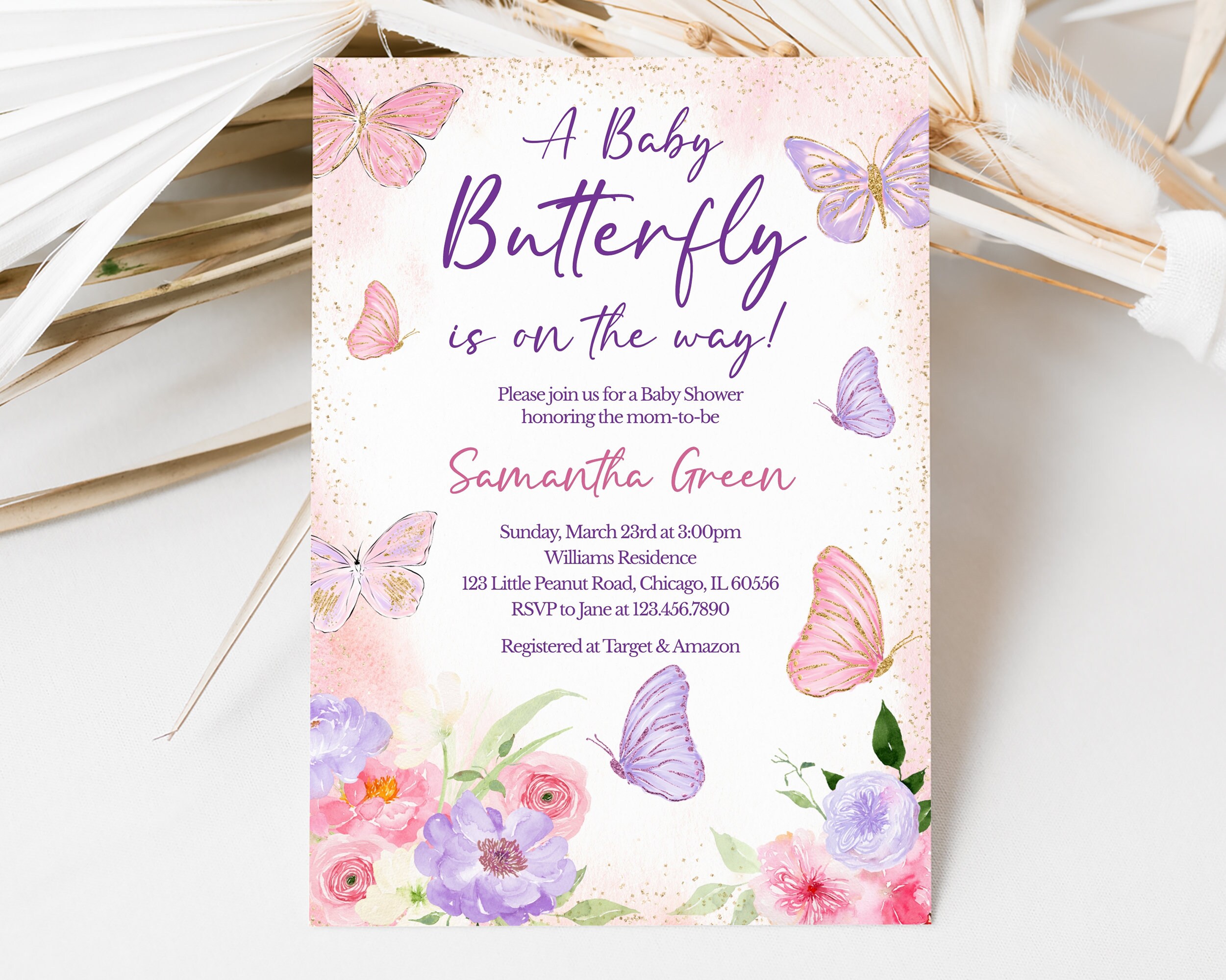 Editable Pink Purple Butterfly Baby Shower Invitation, Girl Baby ...