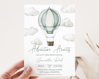 Editable Adventure Awaits Baby Shower Invitation, Blue Hot Air Balloon Baby Shower Invite, Boy ...