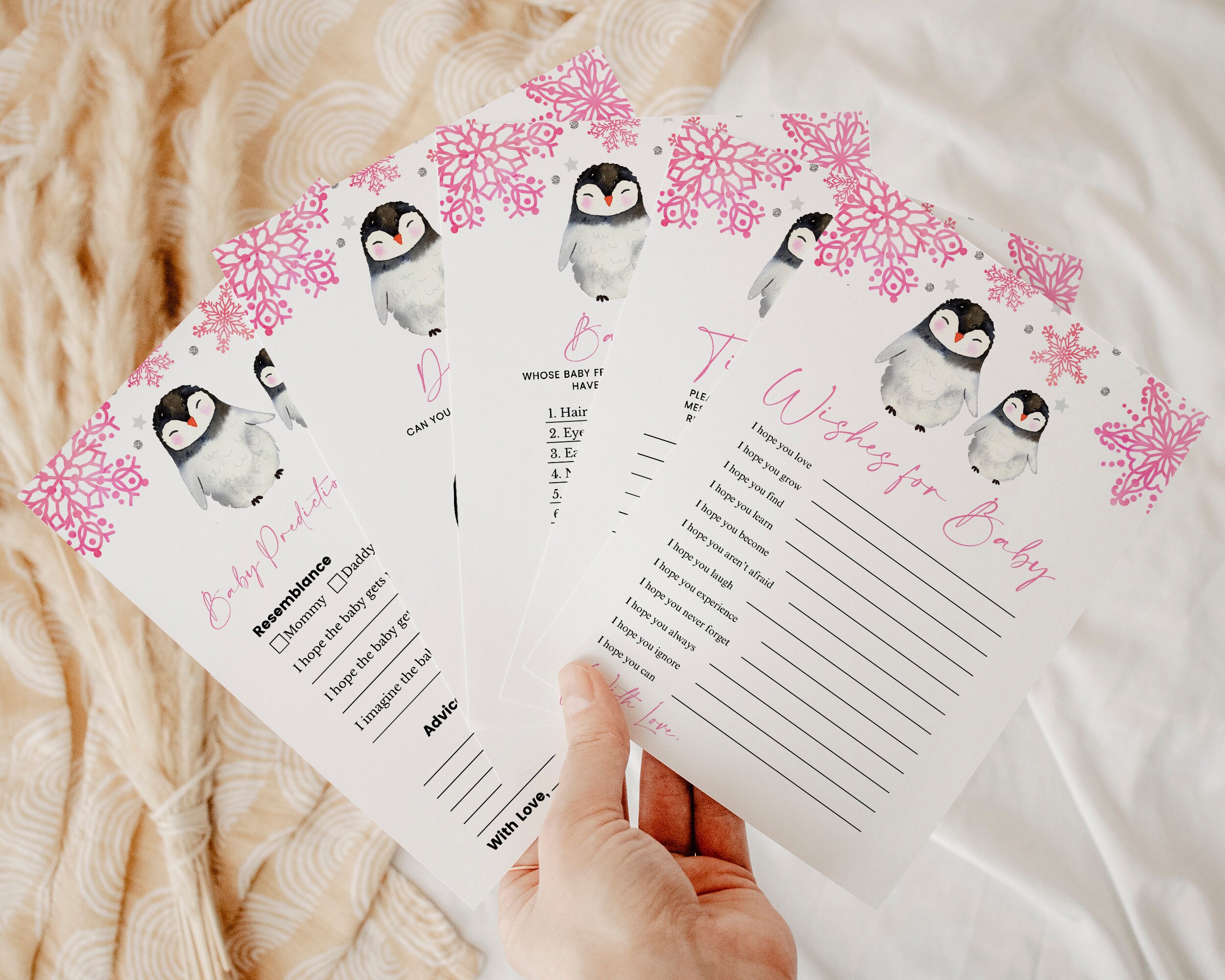 Editable Winter Penguin Baby Shower Game Bundle, Pink Snowflakes ...