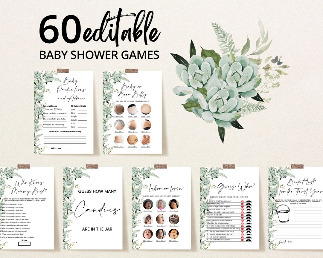 Editable Baby in Bloom Baby Shower Game Bundle, Succulent Baby Shower ...