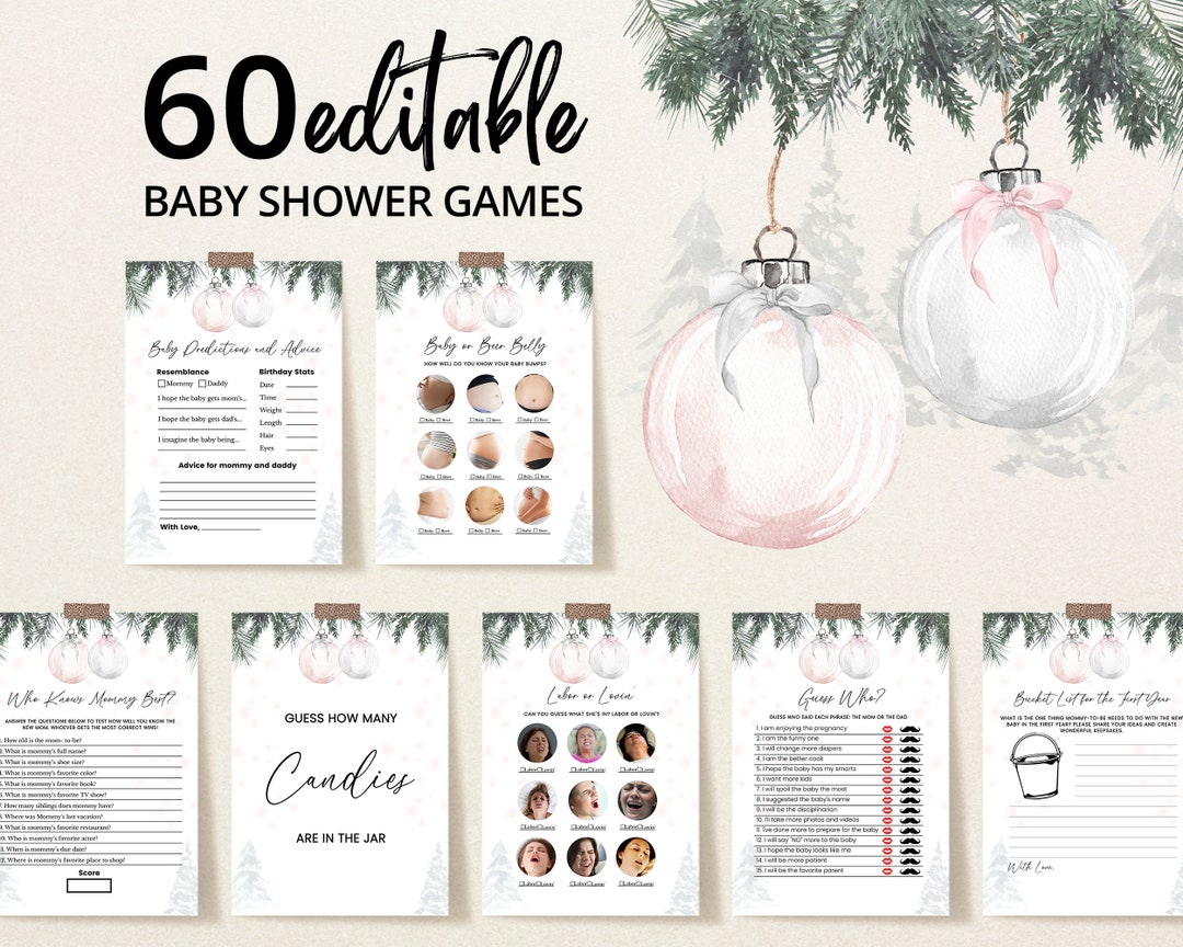 Editable Pink Merry Little Baby Shower Game Bundle, Girl Christmas Baby ...