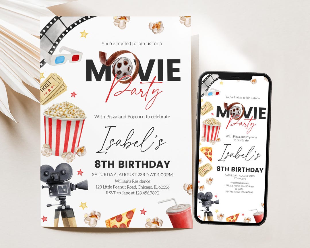 Editable Movie Night Birthday Party Invitation, Movie Birthday Party ...