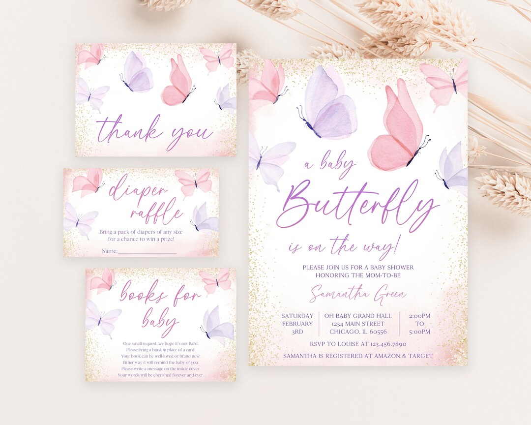 Editable Pink Purple Butterfly Baby Shower Invitation Bundle, Pastel ...
