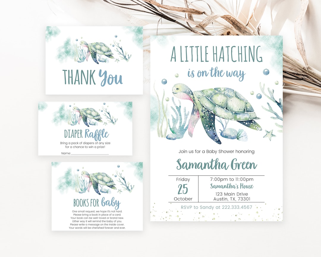 Editable Boy Turtle Baby Shower Invitation Bundle, Little Hatching Baby ...