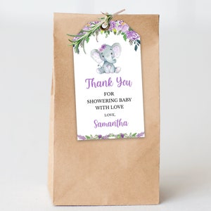 Editable Purple Elephant Baby Shower Favor Tag, Girl Elephant Baby ...