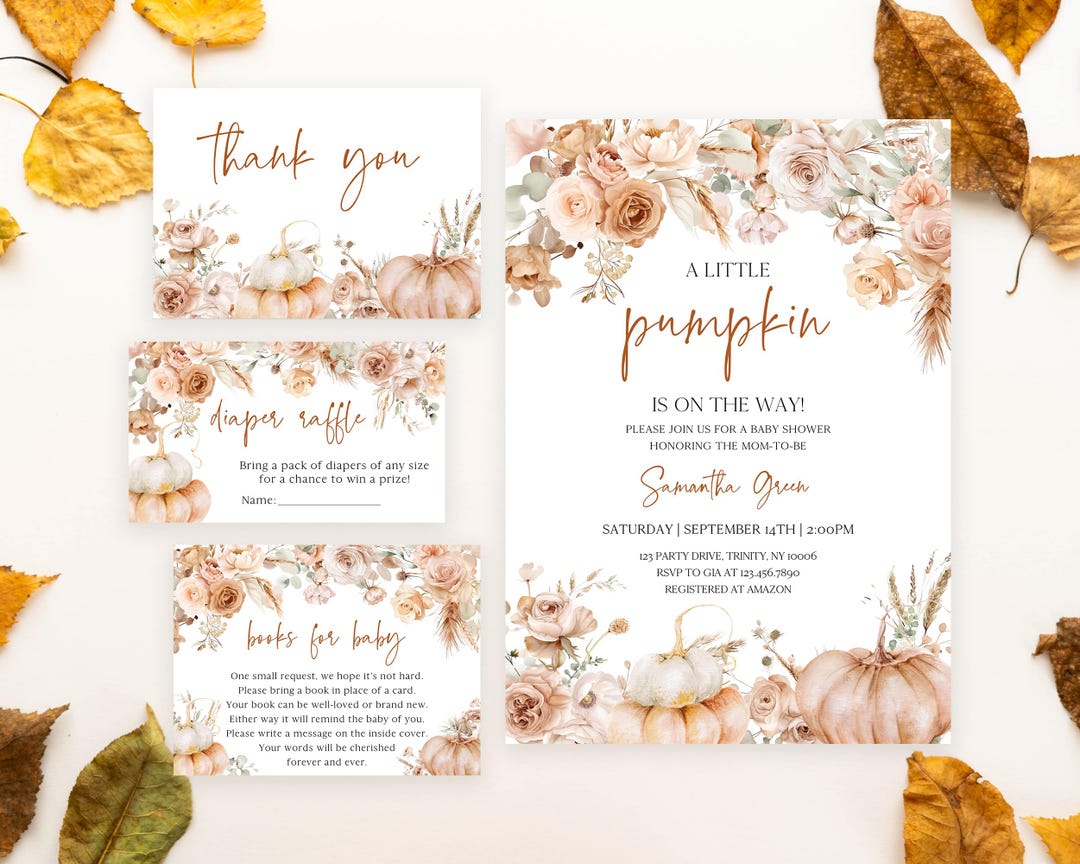 Editable Girl Boho Florals Pumpkin Baby Shower Invitation Bundle ...