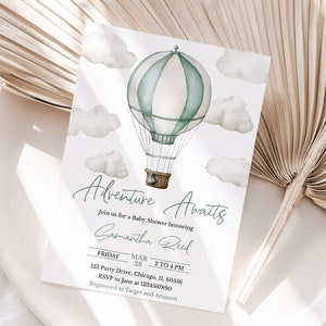 Editable Adventure Awaits Baby Shower Invitation, Green Hot Air Balloon Baby Shower Invite ...