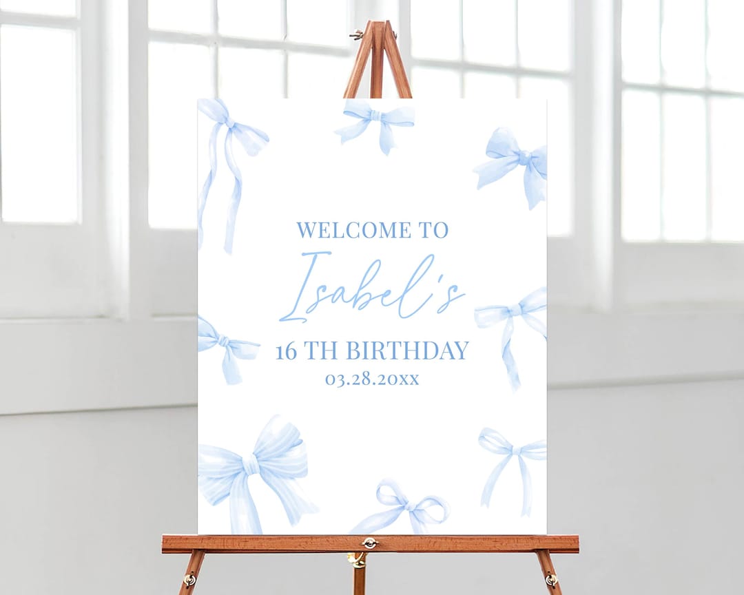 Editable Blue Bow Birthday Welcome Sign, Blue Bow Girl Birthday Poster ...