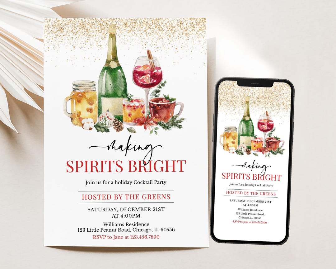 Editable Making Spirits Bright Holiday Party Invitation, Cocktails ...