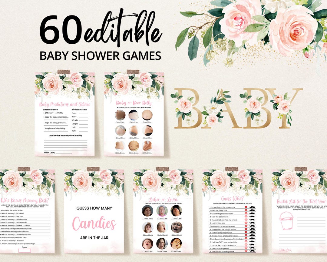 Editable Pink and Gold Floral Baby Shower Game Bundle, Girl Floral Baby ...