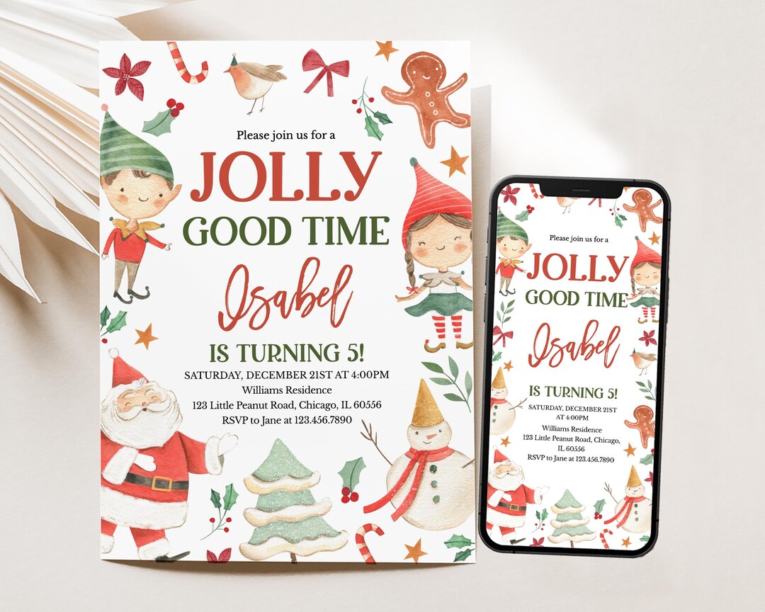 Editable Jolly Good Time Elves Birthday Invitation, Santa Claus and ...