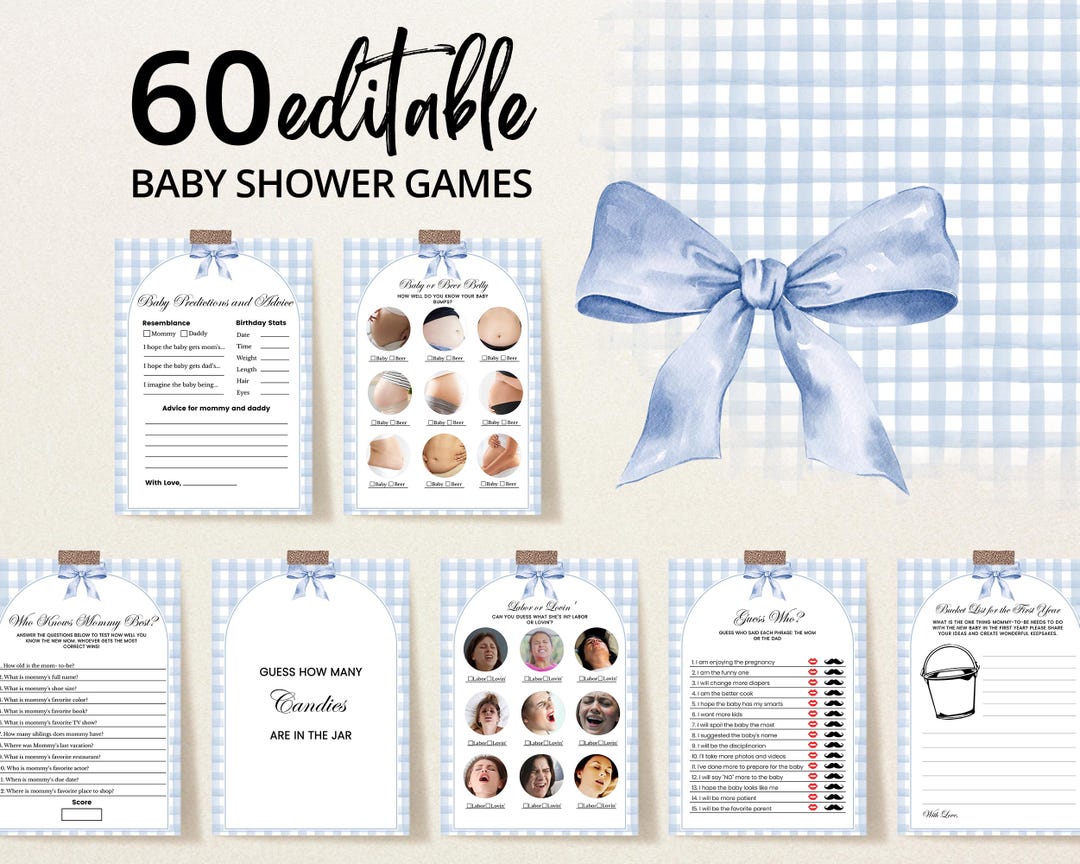 Editable Blue Baby Shower Game Bundle, Blue Bow Boy Baby Shower Game ...