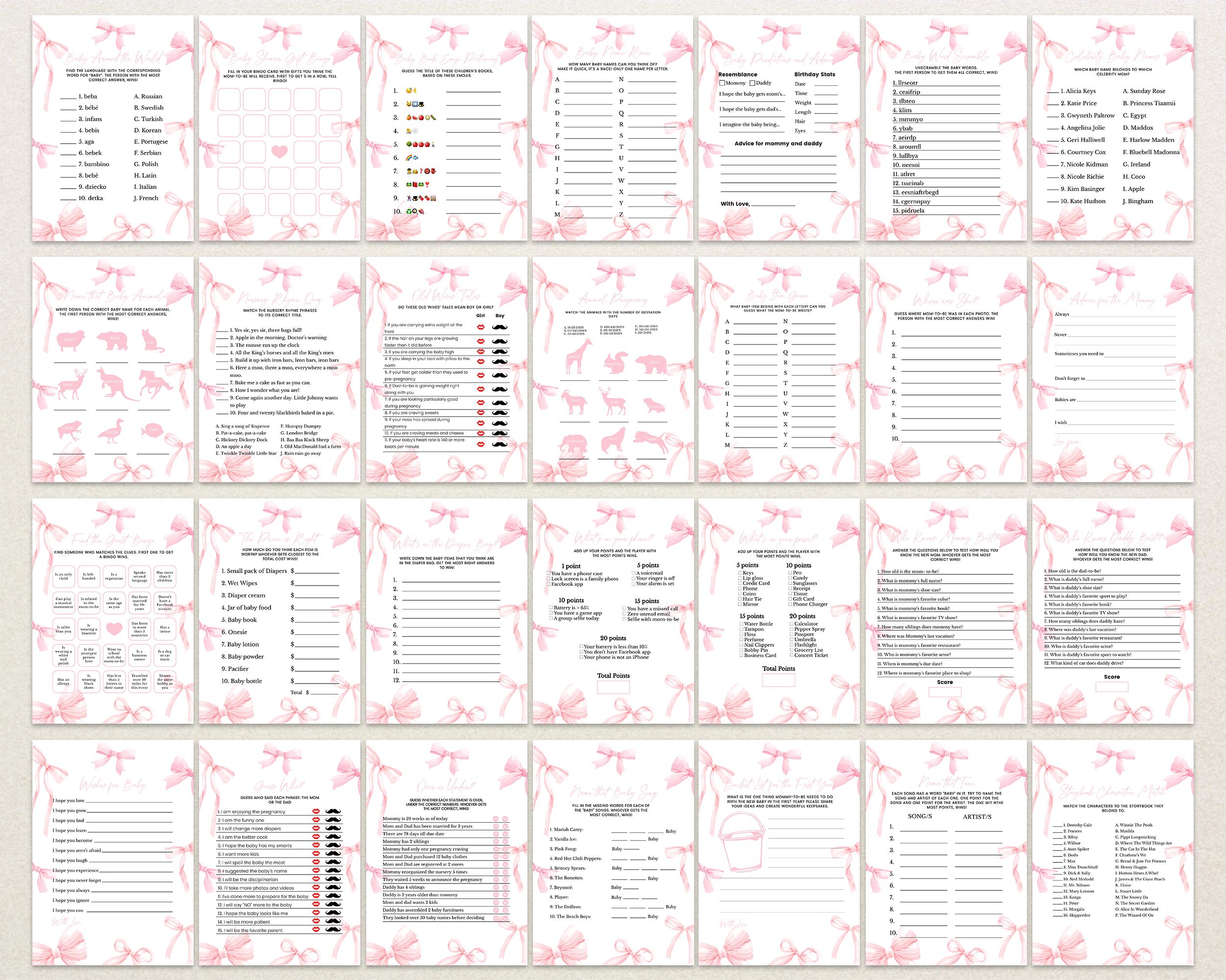 Editable Pink Baby Shower Game Bundle, Pink Bow Girl Baby Shower Game ...