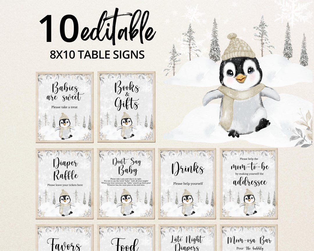 Editable Gold Silver Penguin Baby Shower Table Sign, Neutral Penguin ...