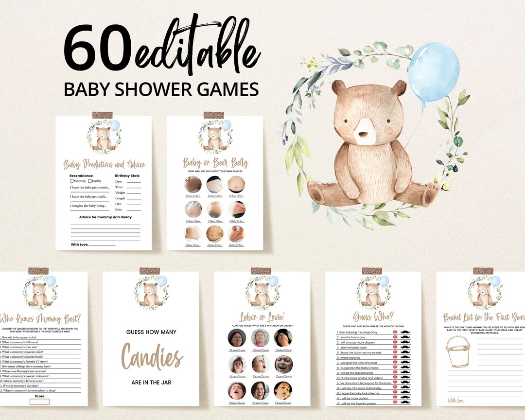 Editable We Can Bearly Wait Baby Shower Game Bundle, Greenery Bear Baby Shower Games, Boho Bear ...