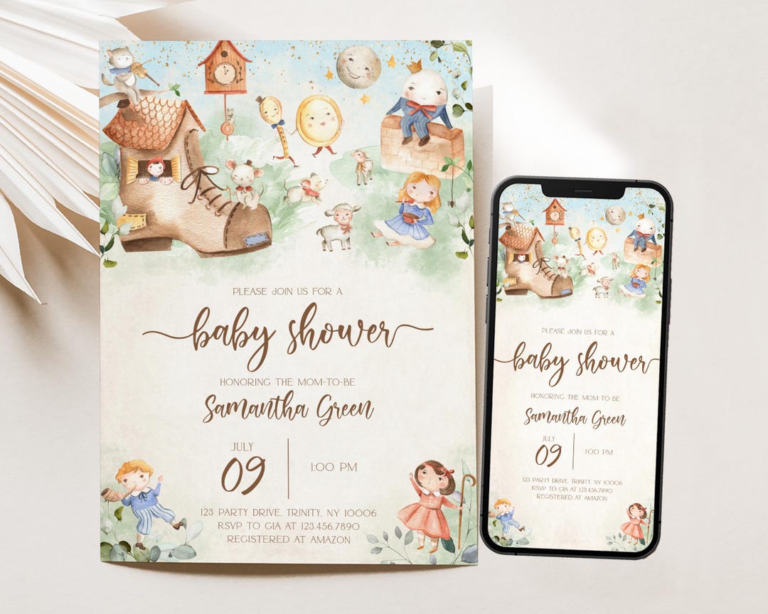Editable Nursery Rhyme Baby Shower Invitation, Storybook Character Baby ...