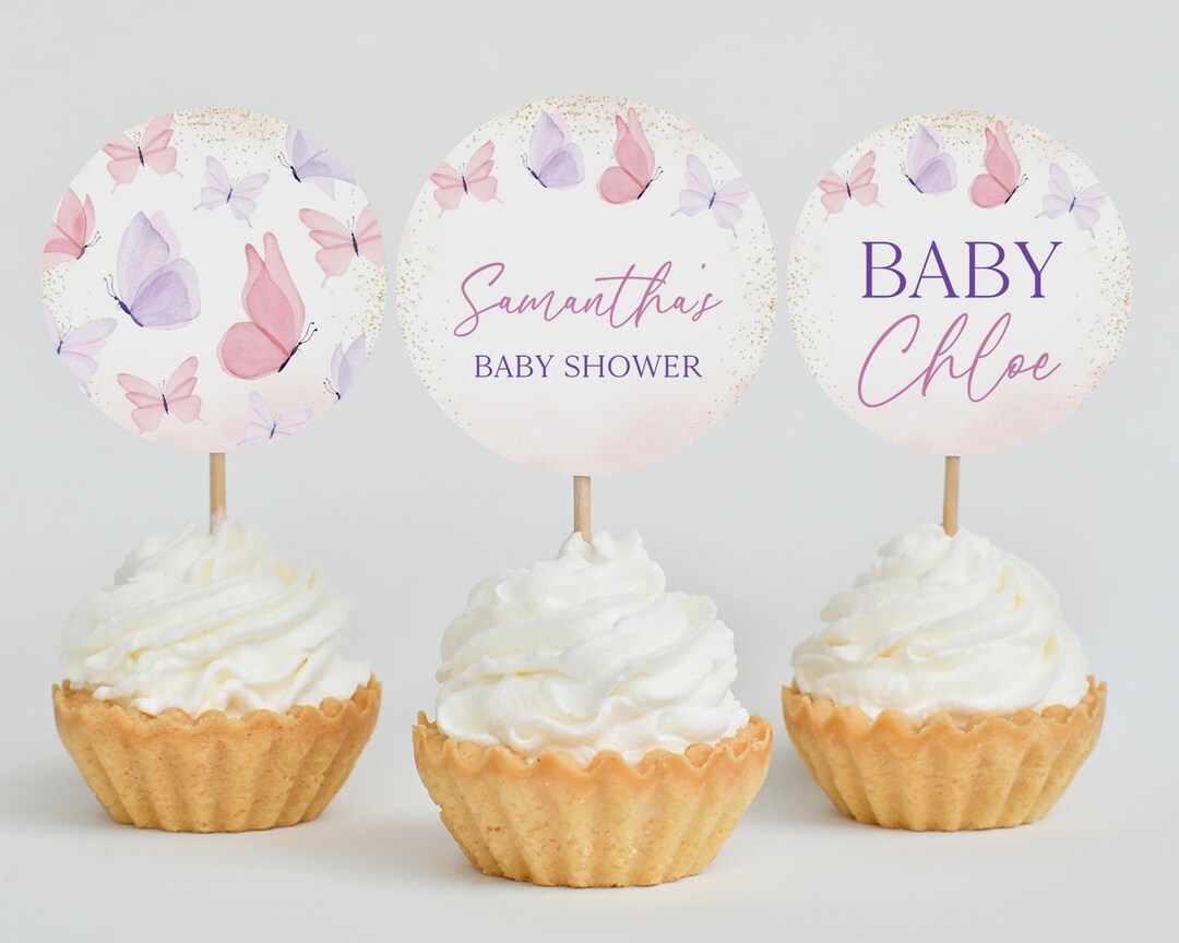 Editable Pink Purple Butterfly Baby Shower Cupcake Topper, Pastel Girl ...