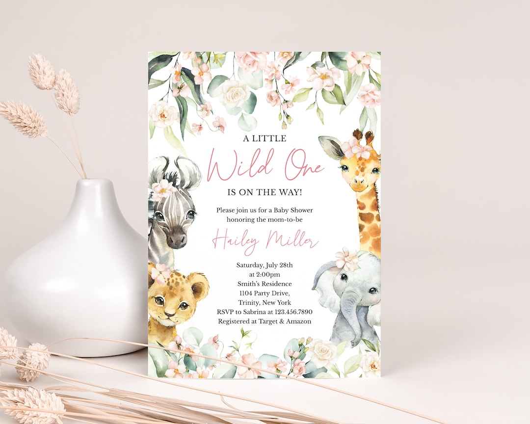 Editable A Little Wild One Girl Jungle Baby Shower Invitation, Greenery ...