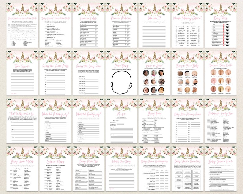 Editable Unicorn Baby Shower Game Bundle Floral Unicorn Baby - Etsy