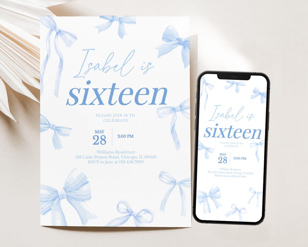 Editable Blue Bow Birthday Invitation, Blue Bow Girl Birthday Invite ...