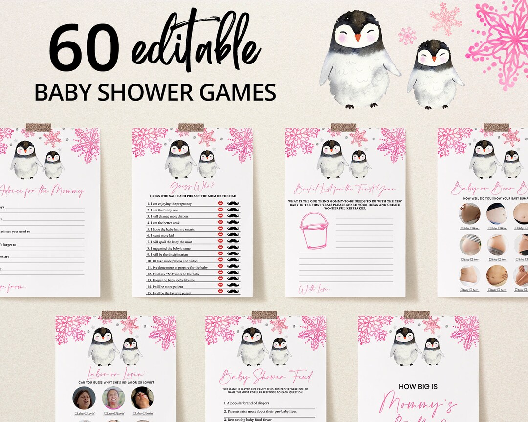 Editable Winter Penguin Baby Shower Game Bundle Pink - Etsy