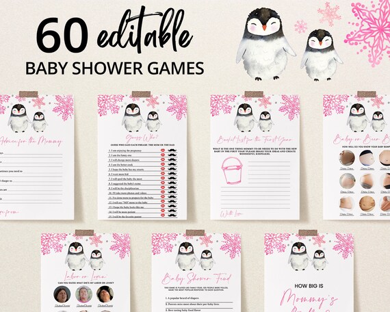 Editable Winter Penguin Baby Shower Game Bundle Pink - Etsy