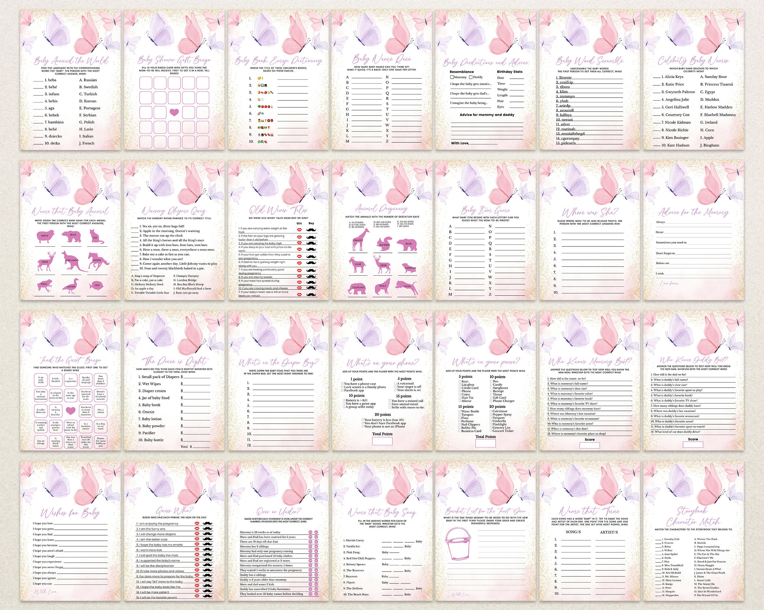 Editable Pink Purple Butterfly Baby Shower Game Bundle, Pastel Girl ...