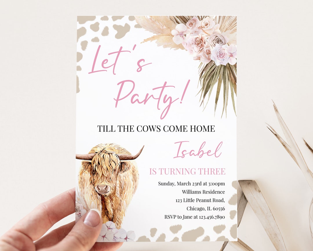 Editable Pink Holy Cow Birthday Invitation, Let's Party Till the Cows ...
