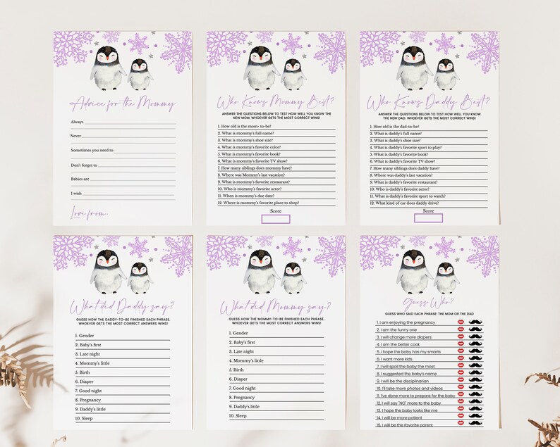 Editable Winter Penguin Baby Shower Game Bundle, Purple Snowflakes ...