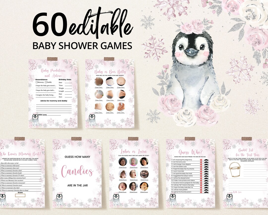 Editable Pink Winter Penguin Baby Shower Game Bundle, Baby It's Cold ...